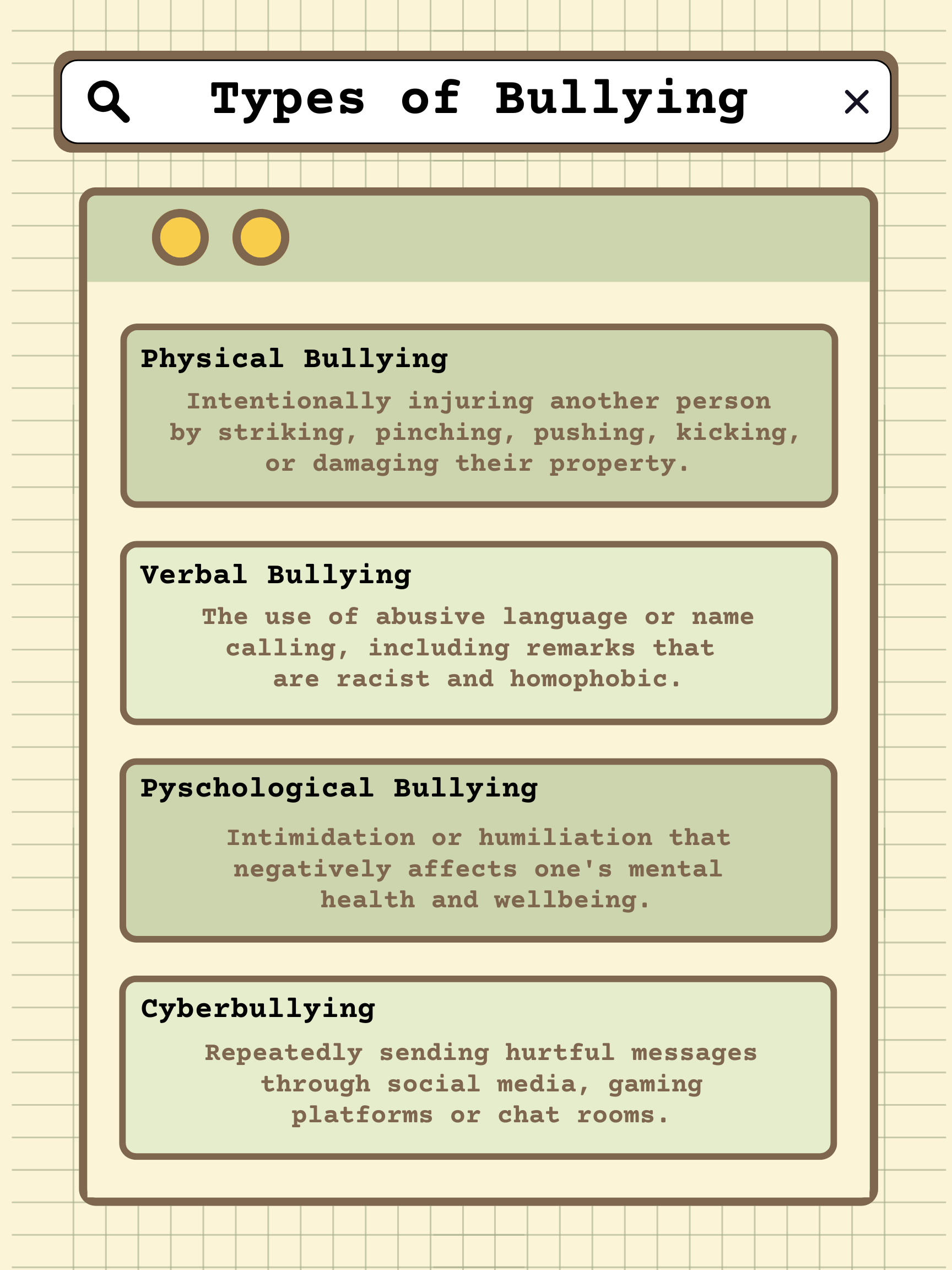 Types of Bullying Poster in Green and Brown UI Frame Style